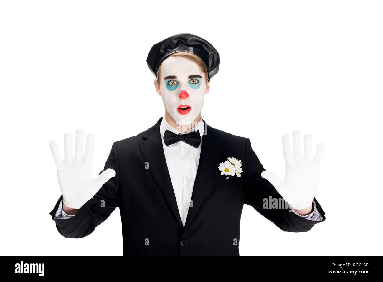 surprised clown in black beret and suit isolated on white Stock Photo ...