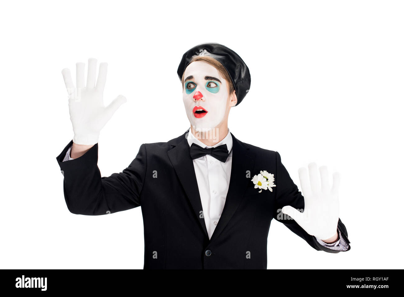 surprised clown in black suit and beret isolated on white Stock Photo ...