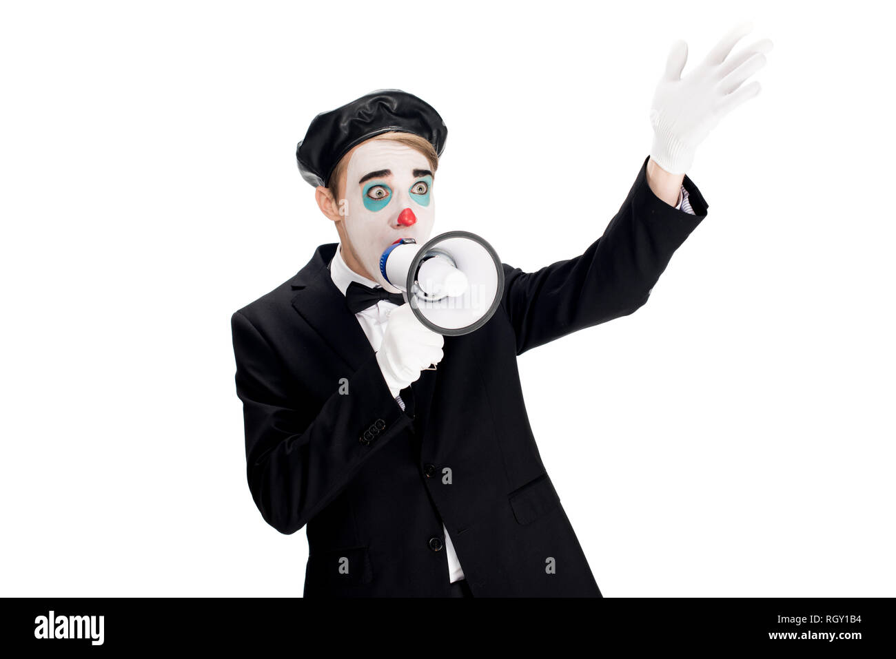 angry clown in suit and black beret yelling in megaphone isolated on ...