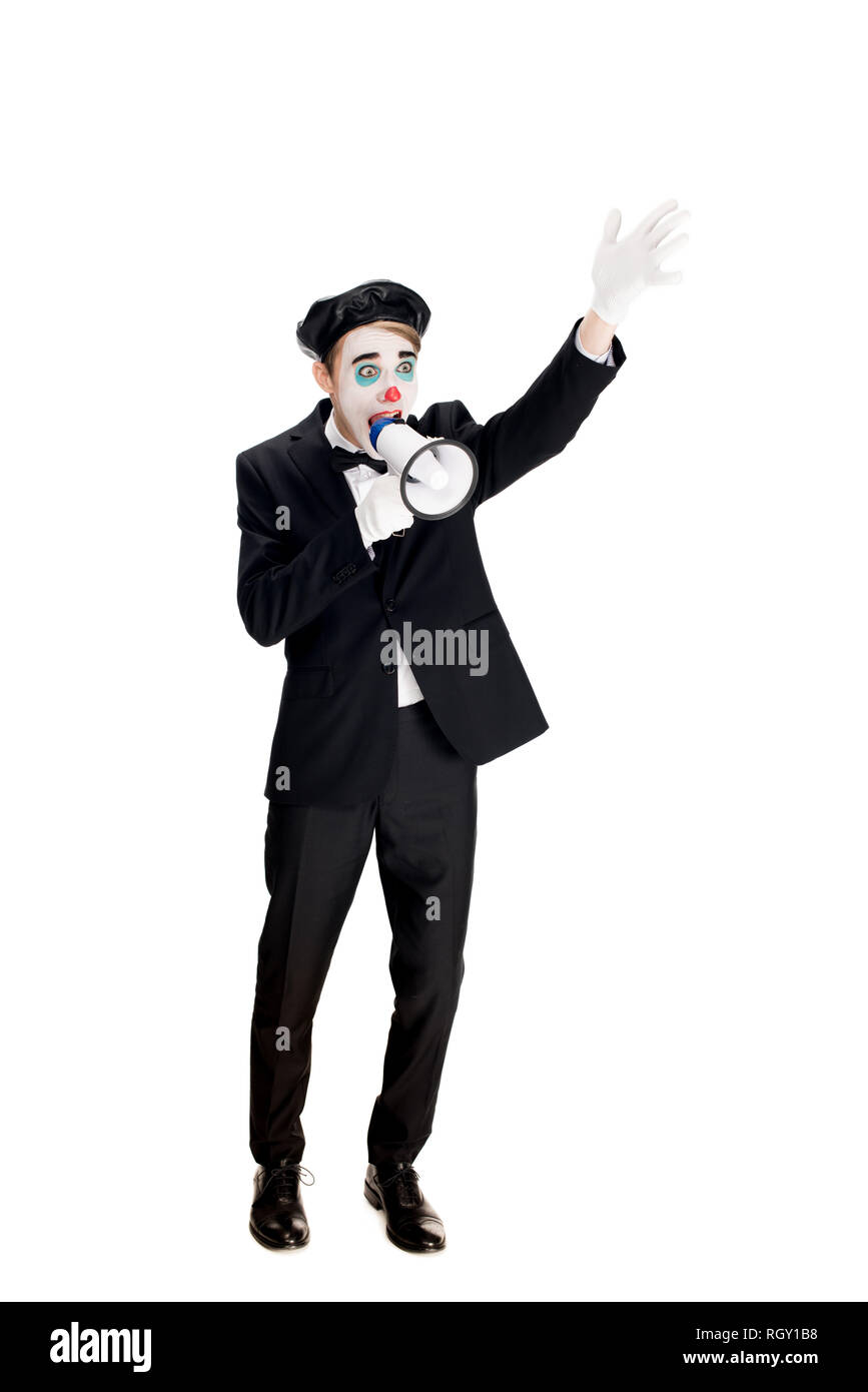 angry clown in suit and black beret screaming in megaphone isolated on ...