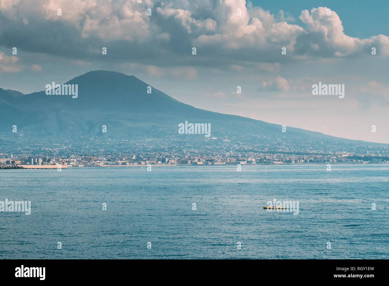 Naples, Italy. Man Training On Kayak In Tyrrhenian Sea. Landscape With ...