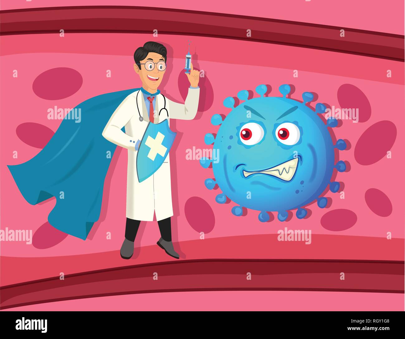 Superhero doctor with a syringe and evil virus around on a human body ...