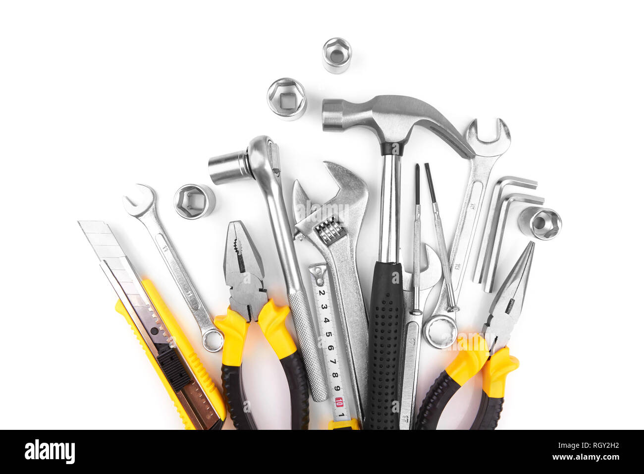Different kinds of tools on white background Stock Photo - Alamy