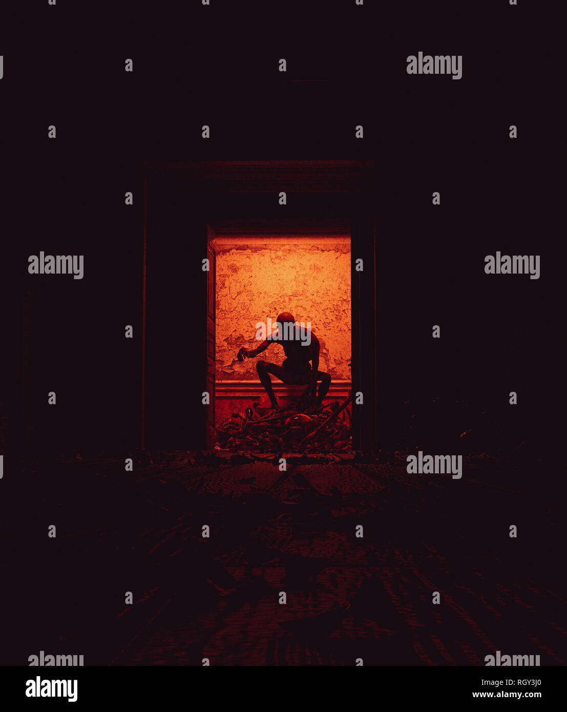 Monster sitting on pile of bones in haunted house,3d rendering Stock ...