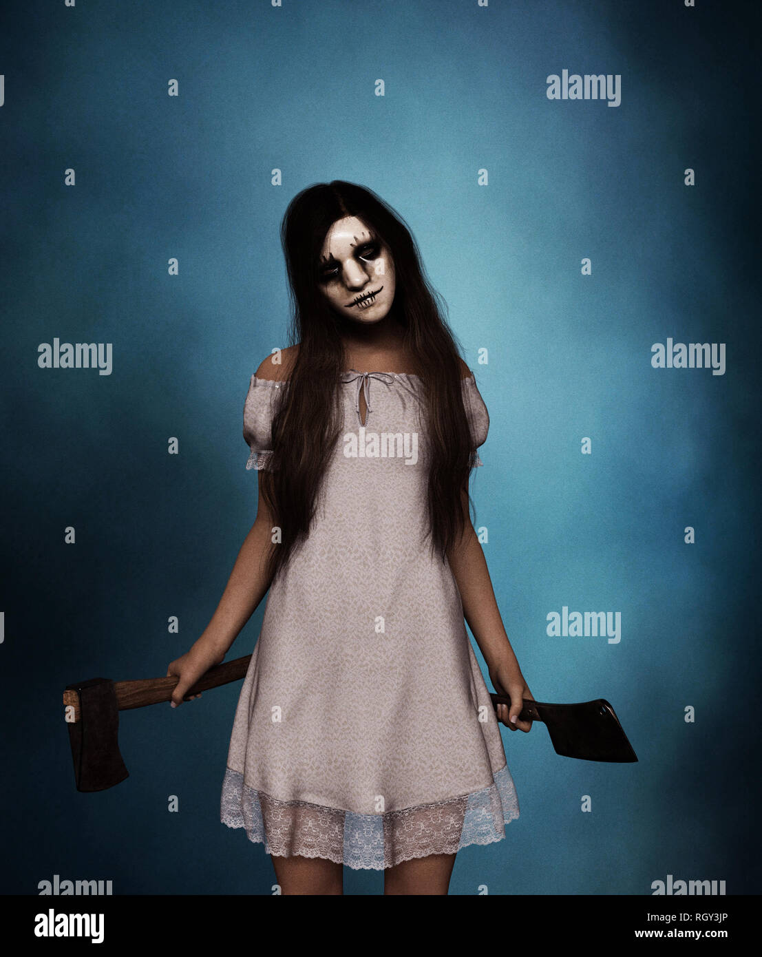 Sister of horror,Portrait of a killer woman with hatchet and cleaver,3d ...