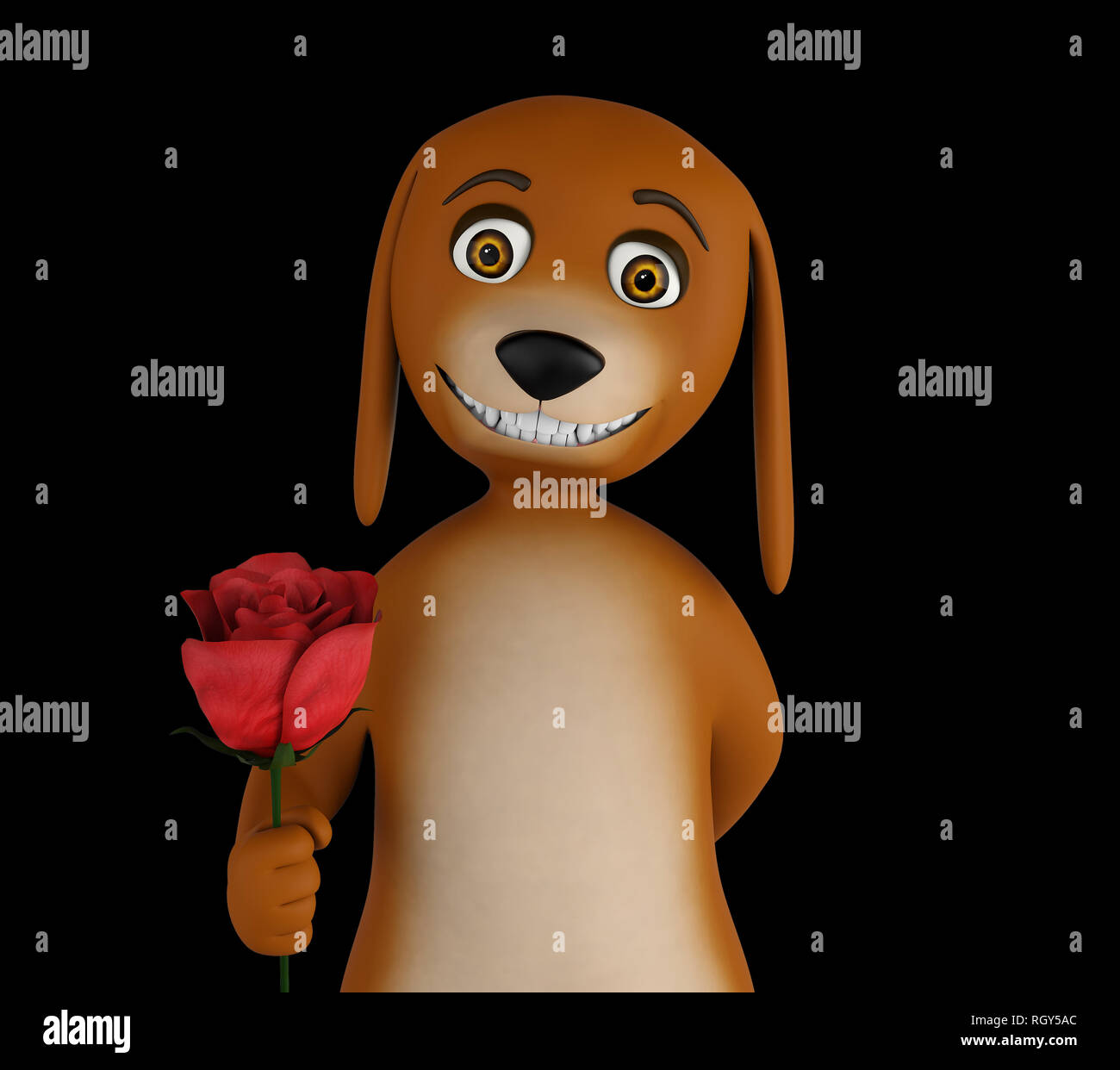 Cartoon valentines dog with a red rose in hand, isolated on black ...