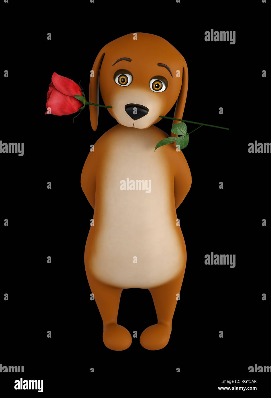Cartoon valentines dog with a red rose in mouth, isolated on black ...
