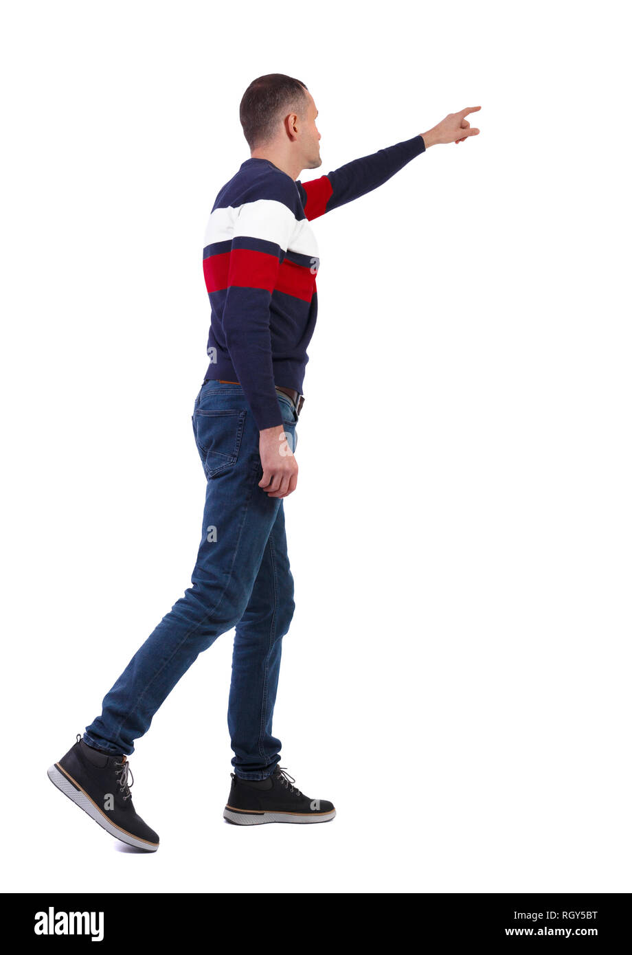 Side view of a man walking with a pointing hand. going guy showing ...