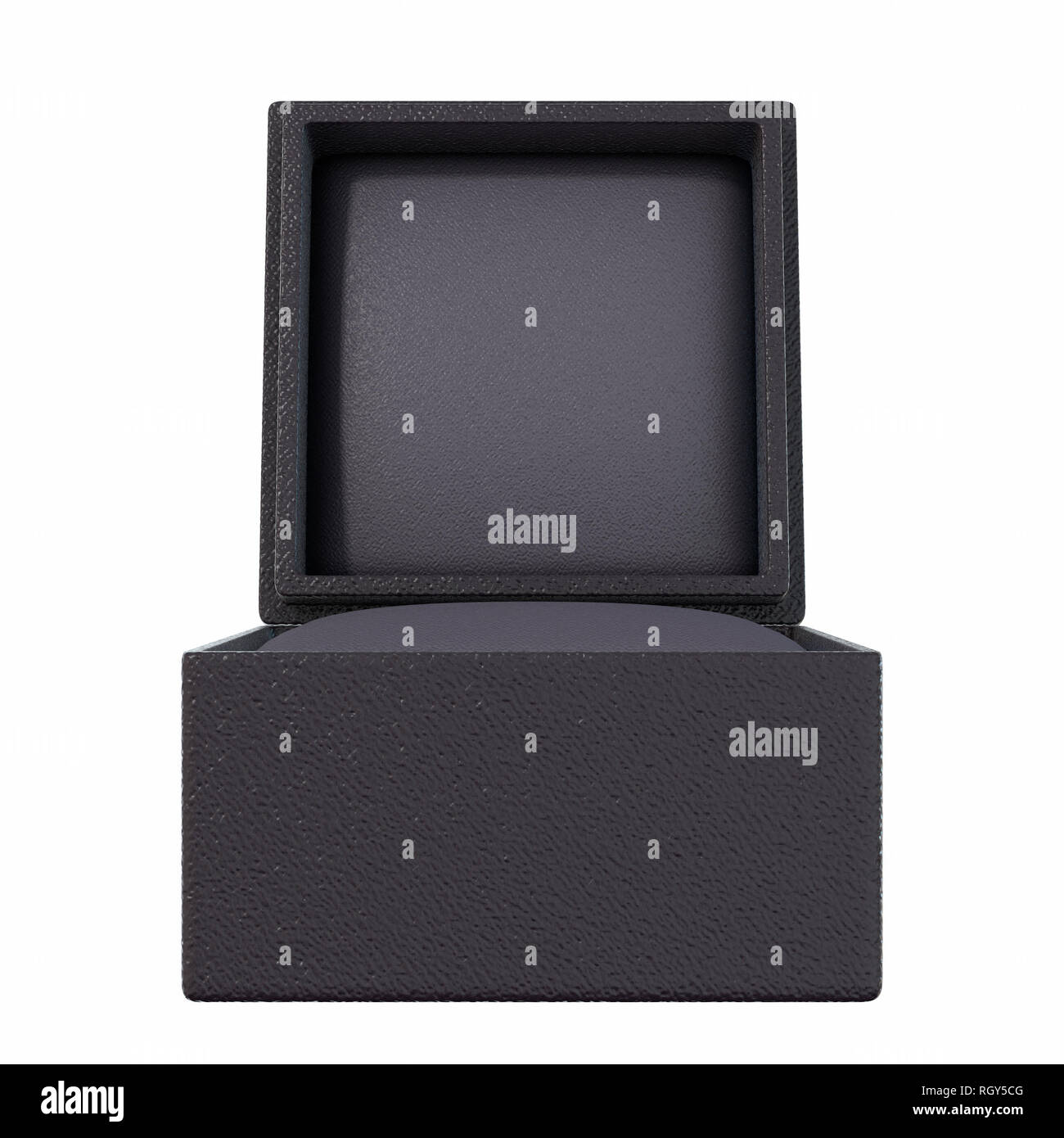 An open empty cube shaped black ring box on an isolated white ...