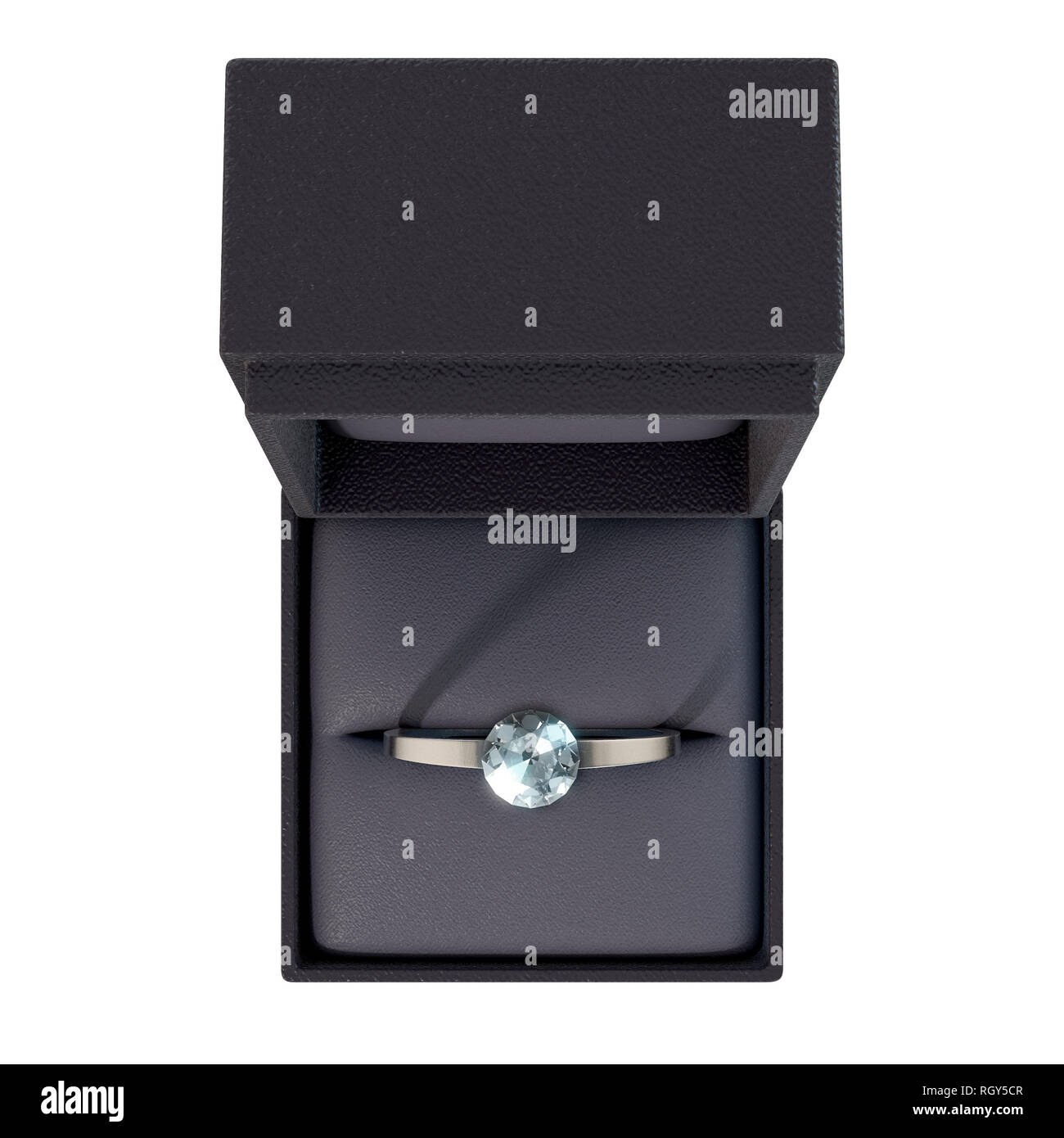 An open cube shaped black ring box with a silver engagement ring and ...