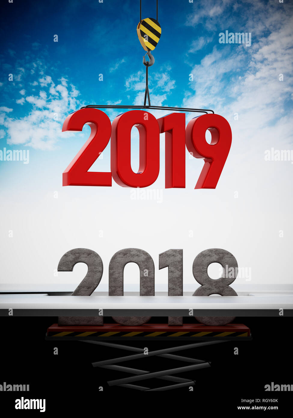 2019 number carried by crane replaces 2018. 3D illustration Stock Photo ...