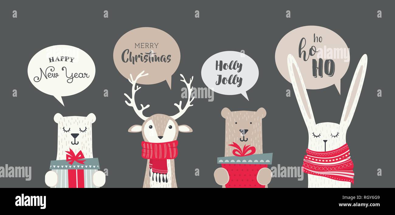 banner with cute winter animals with presents,scarfs and seasonal ...