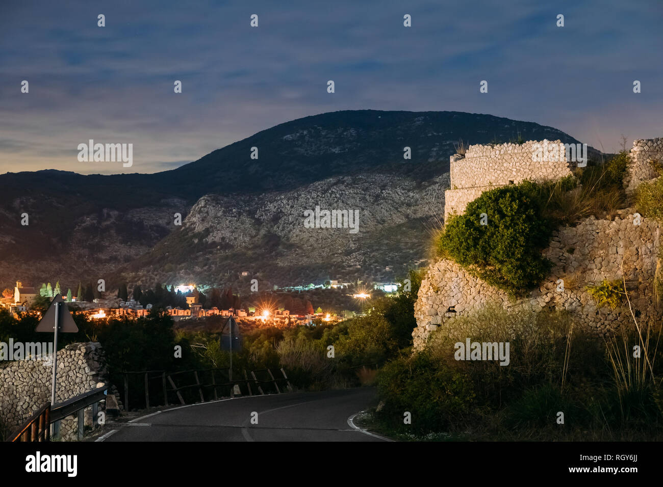 Terracina, Italy. Night View Of Road Near Remains Old Roman Fortress ...