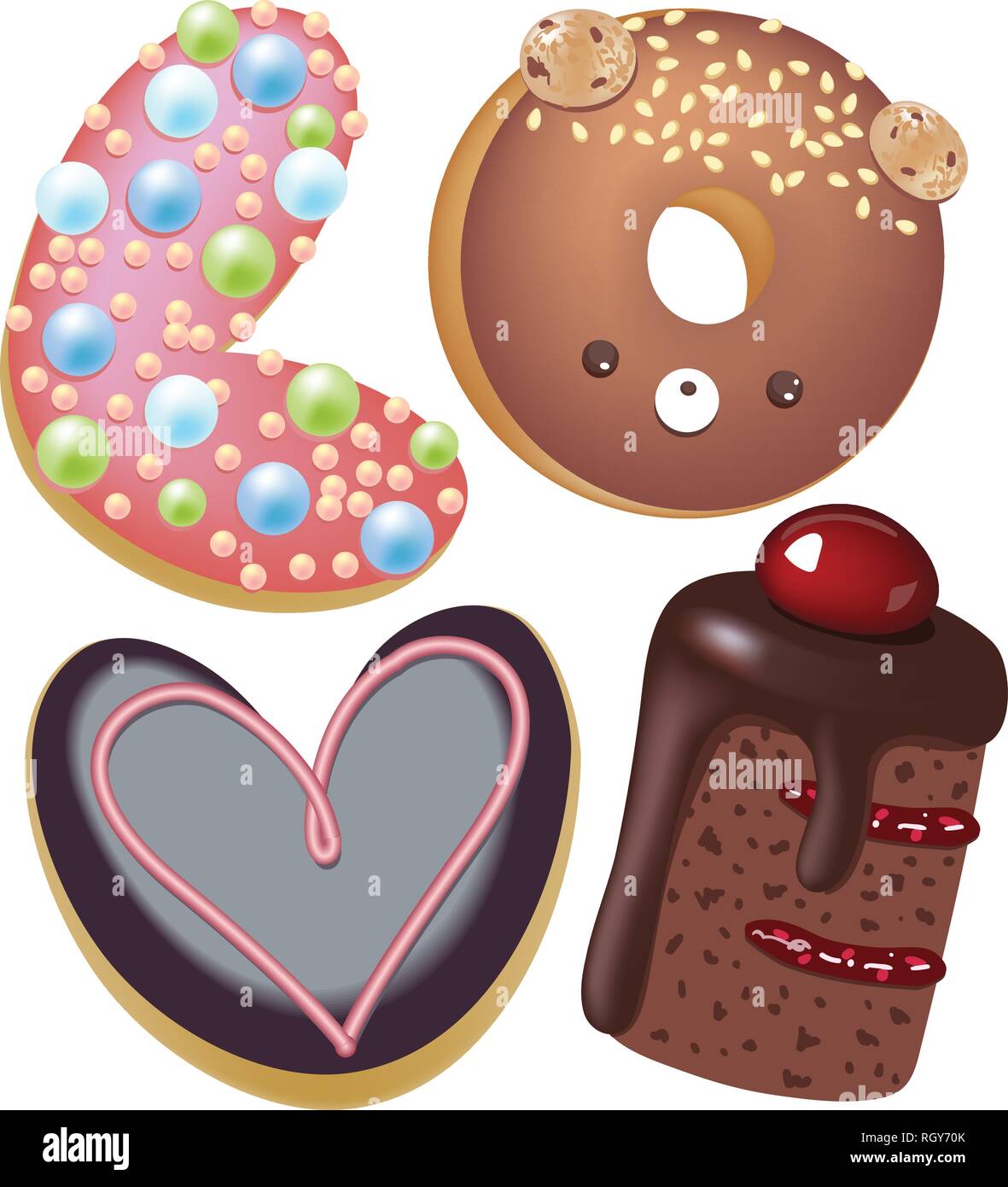 Cartoon vector illustration donut. Hand drawn word LOVE sweet bun ...