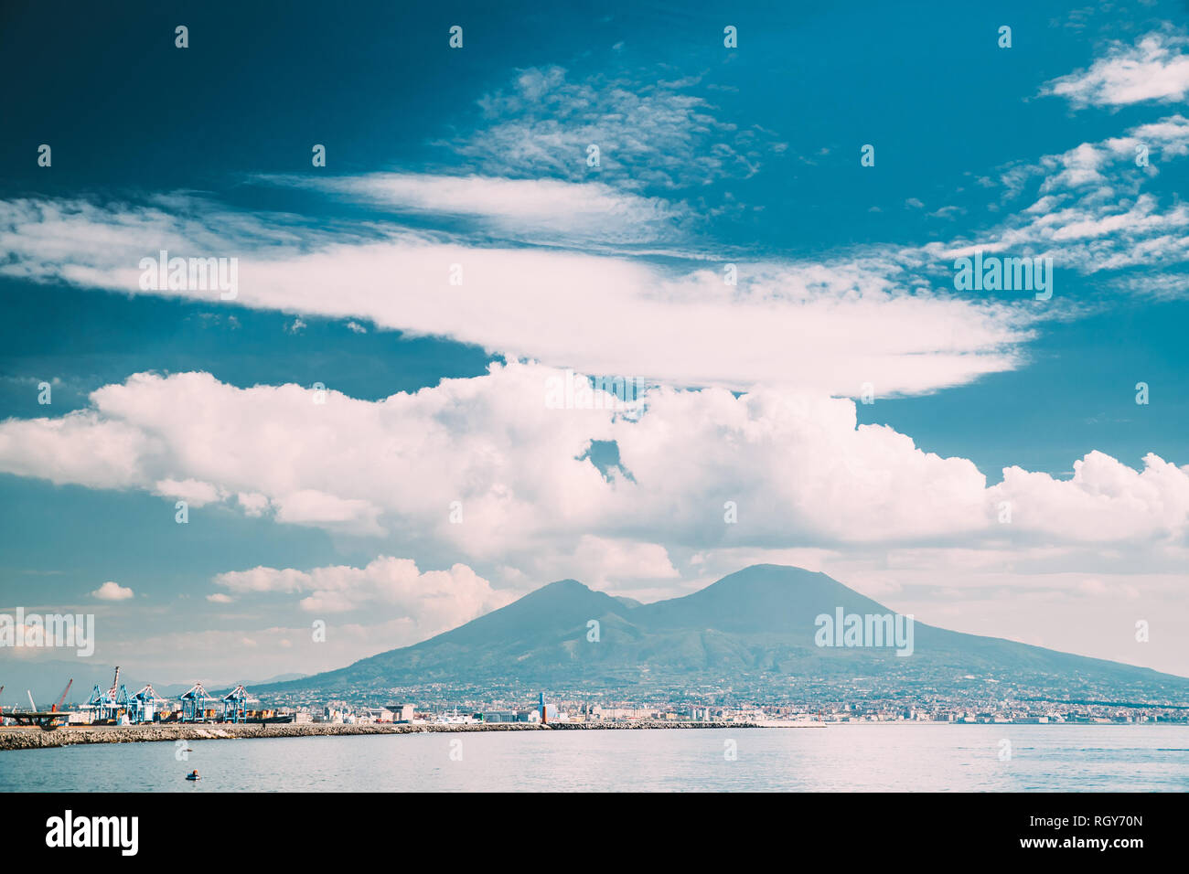 Naples, Italy. View Of The Volcano From The Area Of Santa Lucia In ...