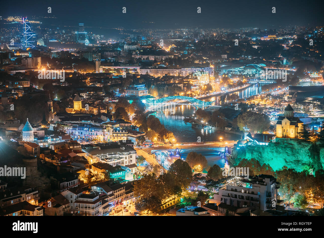 Tbilisi, Georgia. Top View Of Famous Landmarks In Night Illuminations ...