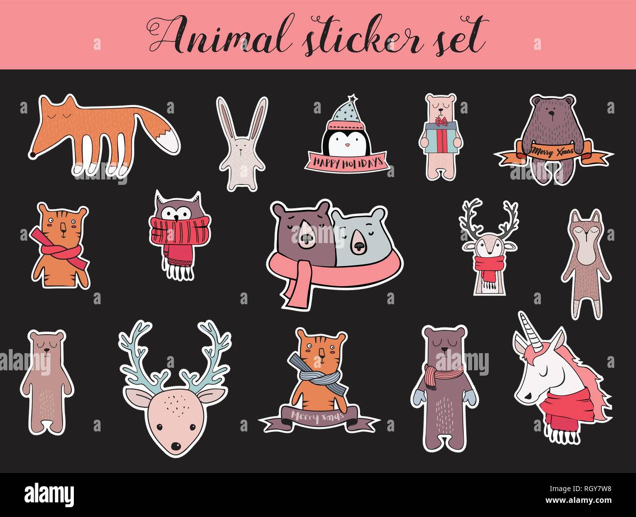 colorful christmas and winter animal sticker set. vector illustration ...