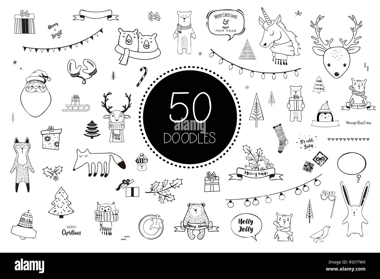 black and white christmas and winter doodle set vector illustration ...