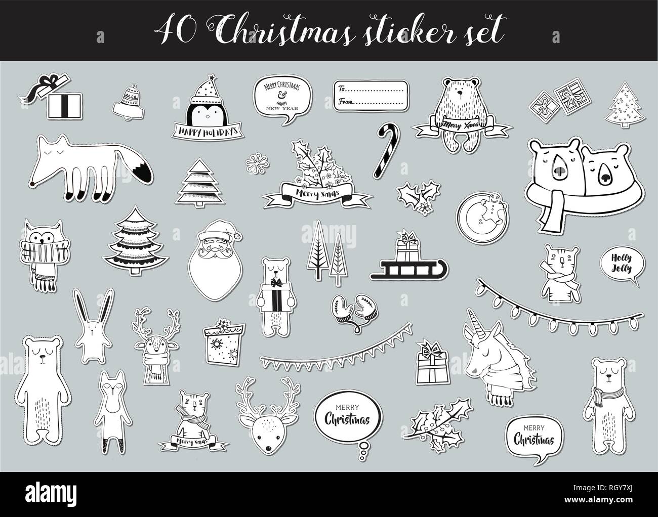 black and white christmas and winter sticker set vector illustration ...
