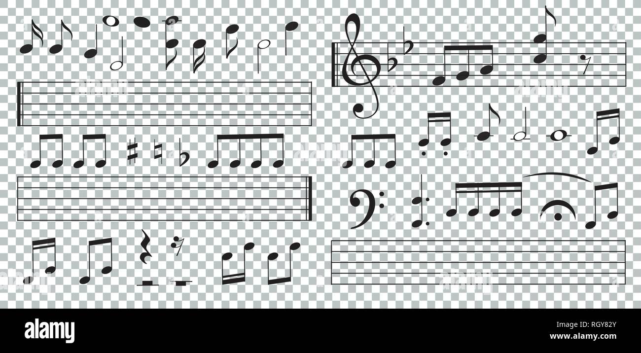 Music notes and keys on transparent background. Piano keys. Treble clef ...