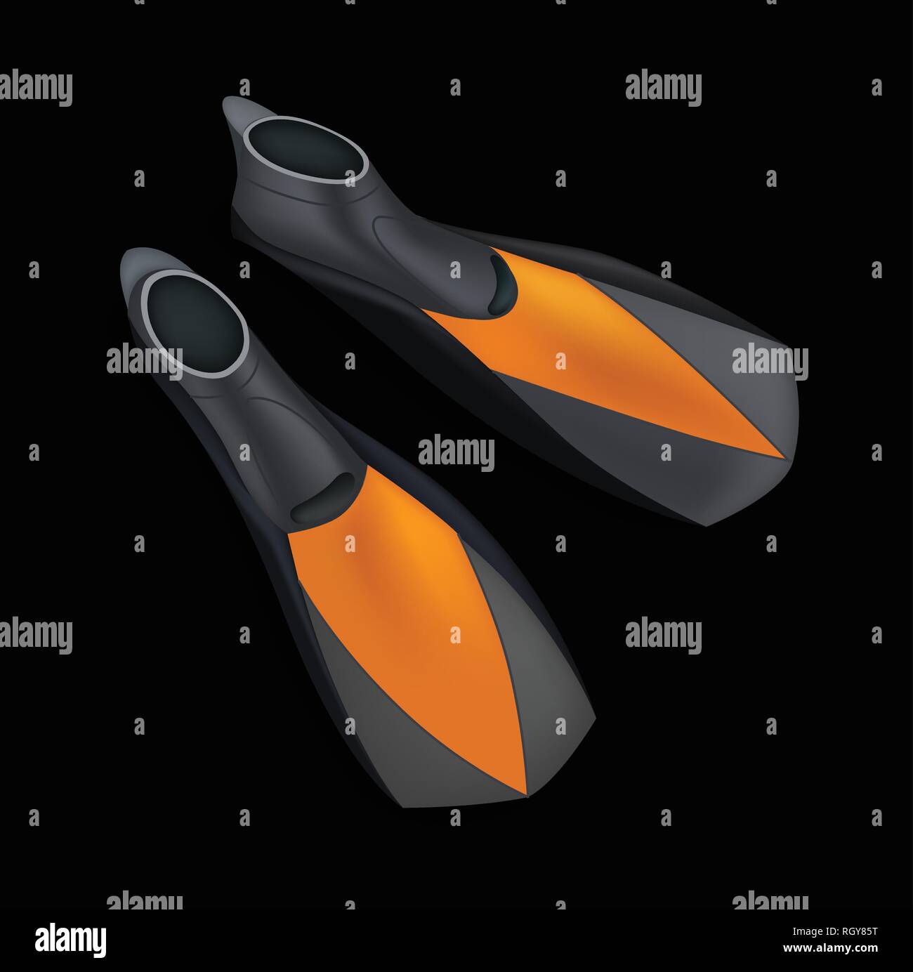 Realistic black flippers, front view, isolated on black background ...