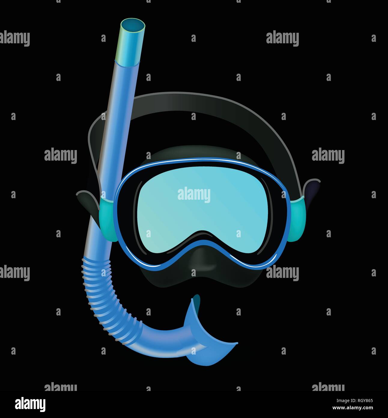 Realistic Blue diving mask on black background, diving tube, swimming ...