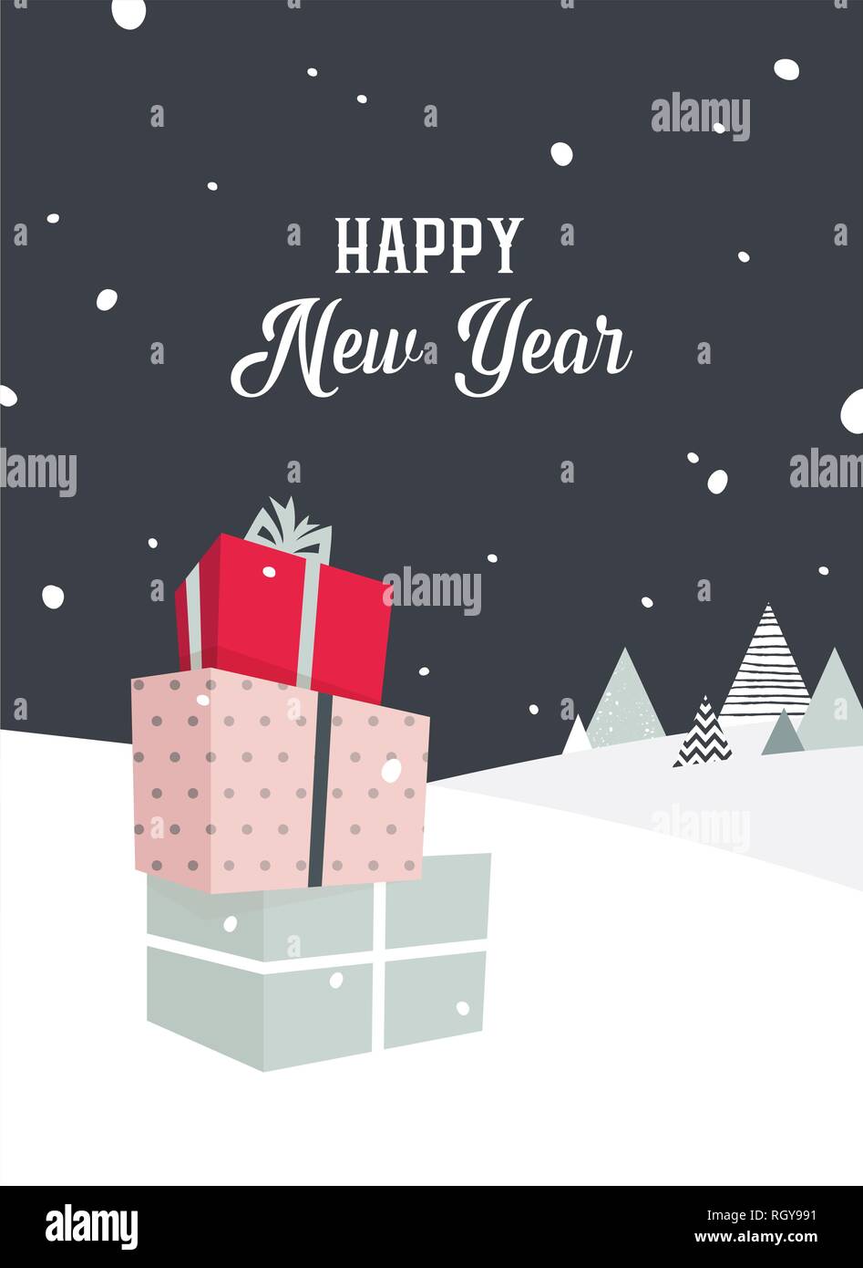 Merry Christmas card with outdoor winter scene and presents. vector ...