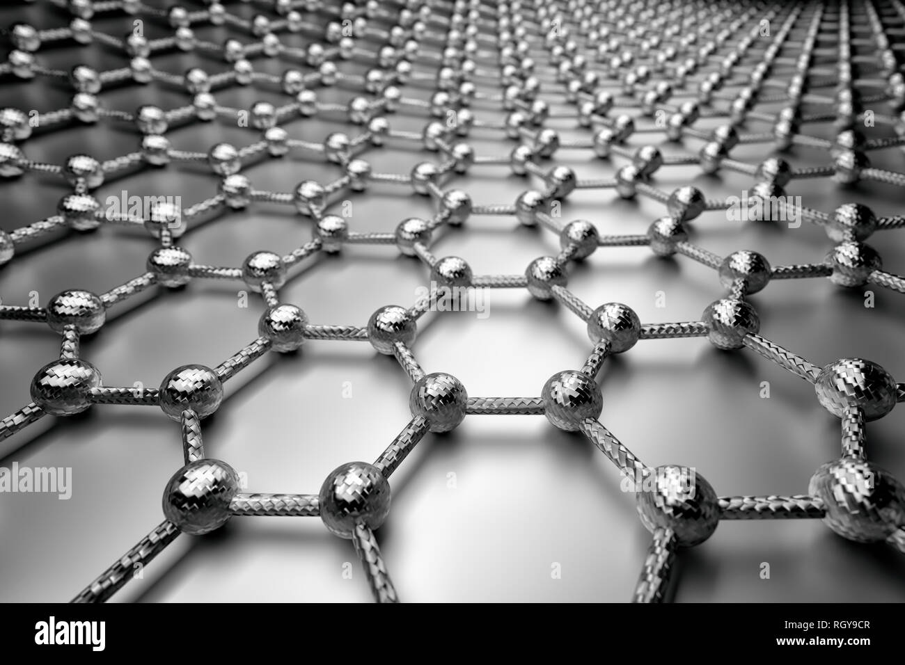 3D rendering of graphene surface, grey atoms and bonds with carbon ...