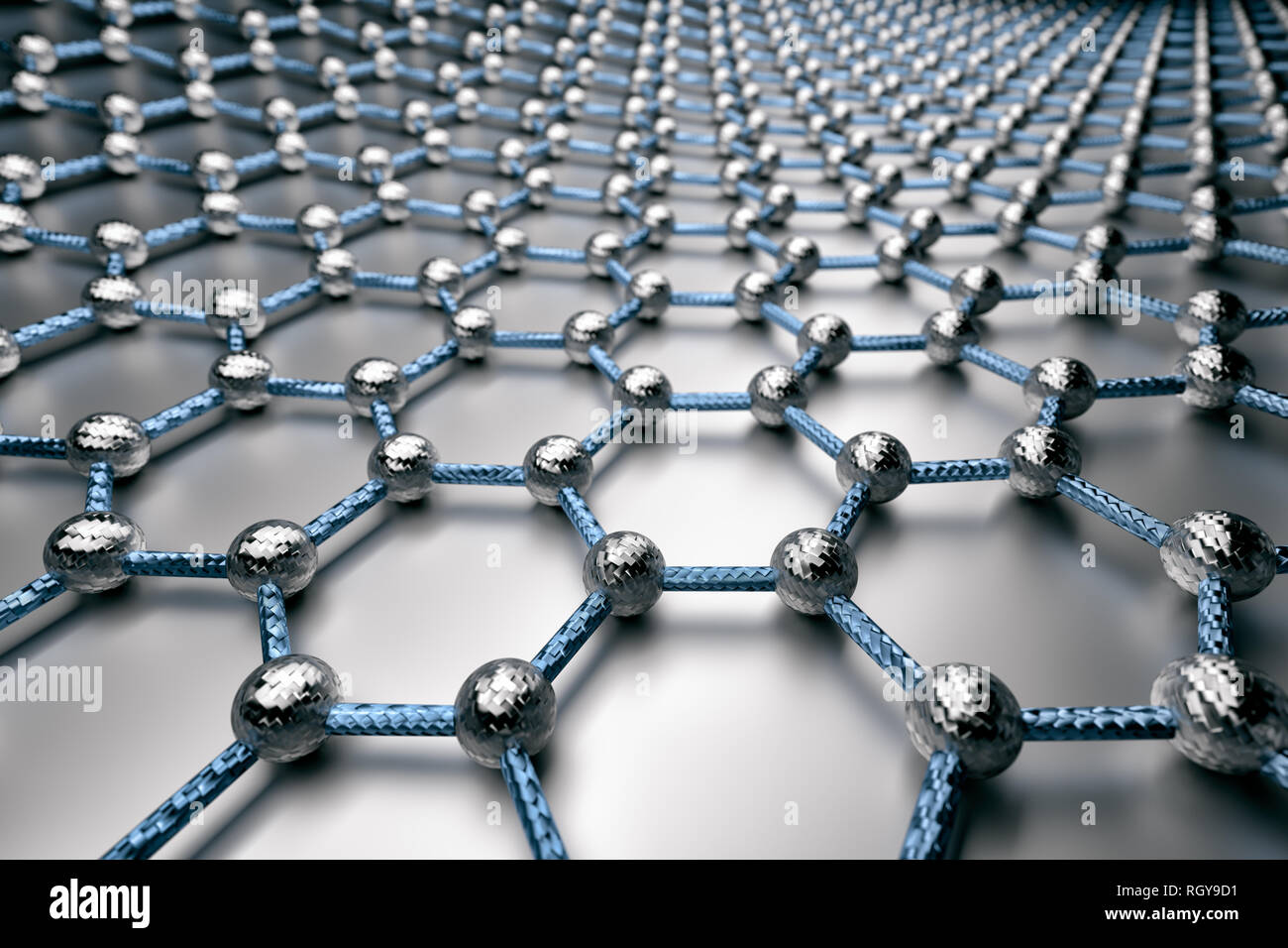 3D rendering of graphene surface, grey atoms and blue bonds with carbon ...