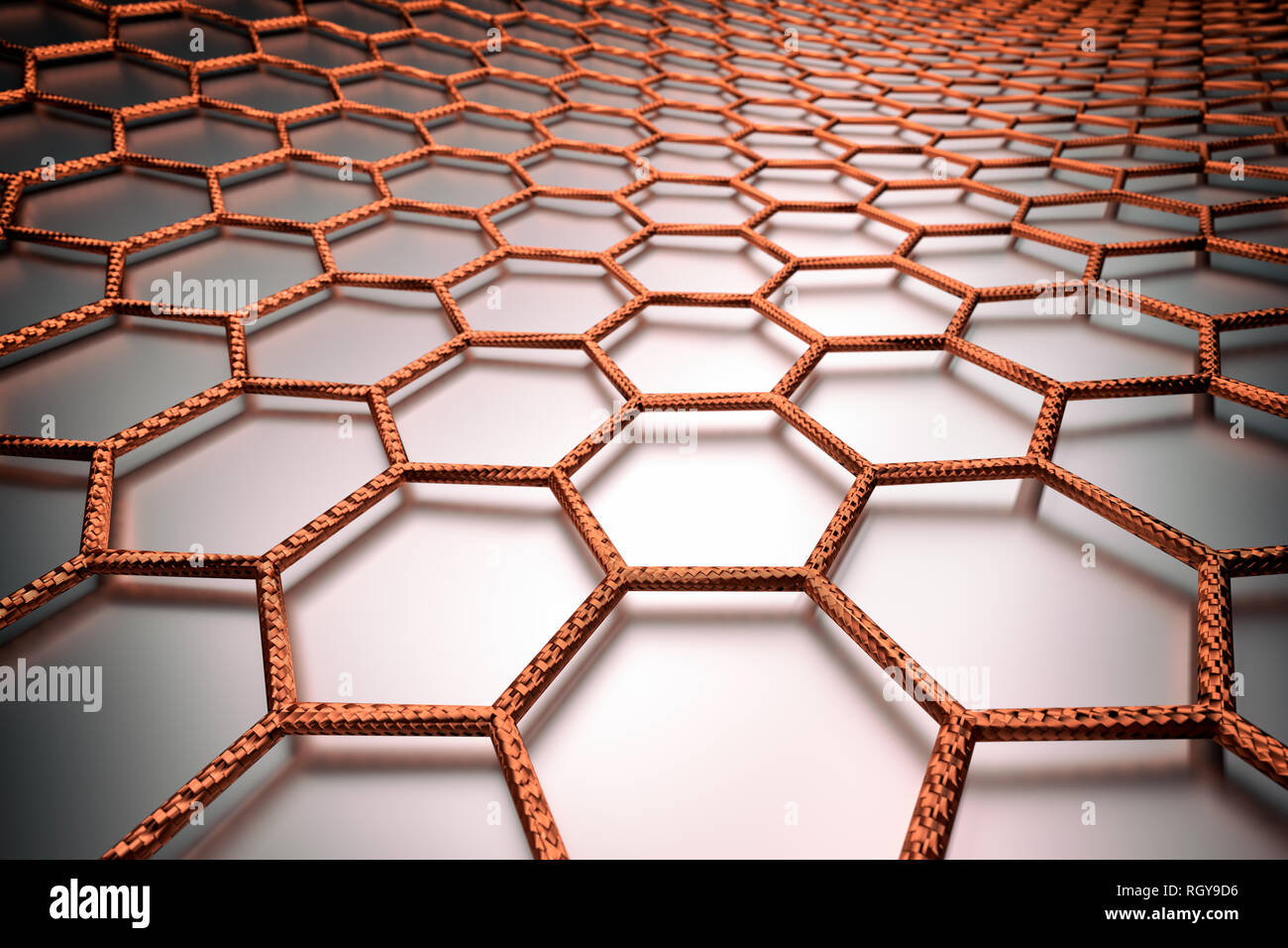 3D rendering of graphene surface, grey atoms and bonds with carbon ...