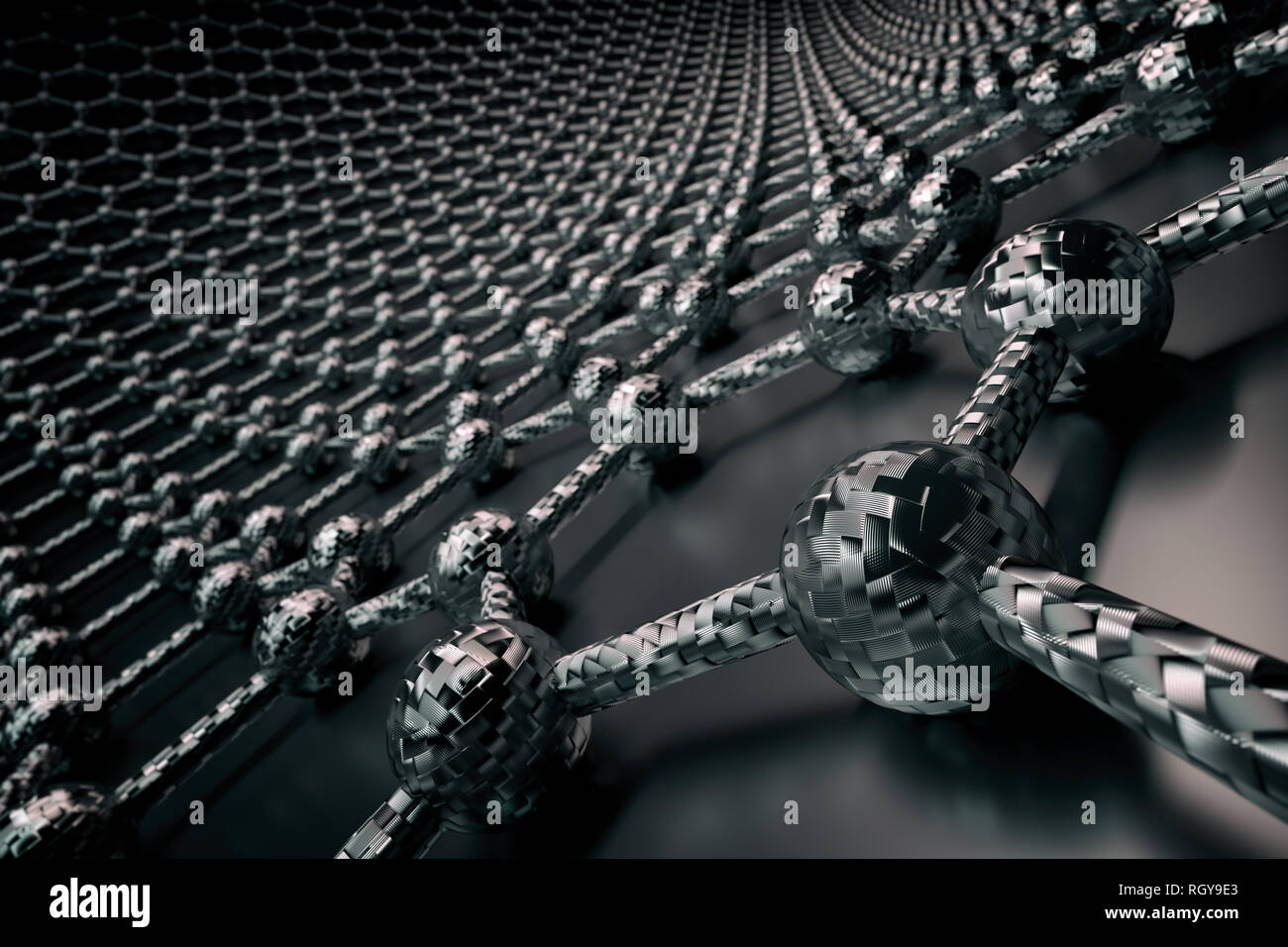 3D rendering of graphene surface, black atoms and bonds with carbon ...