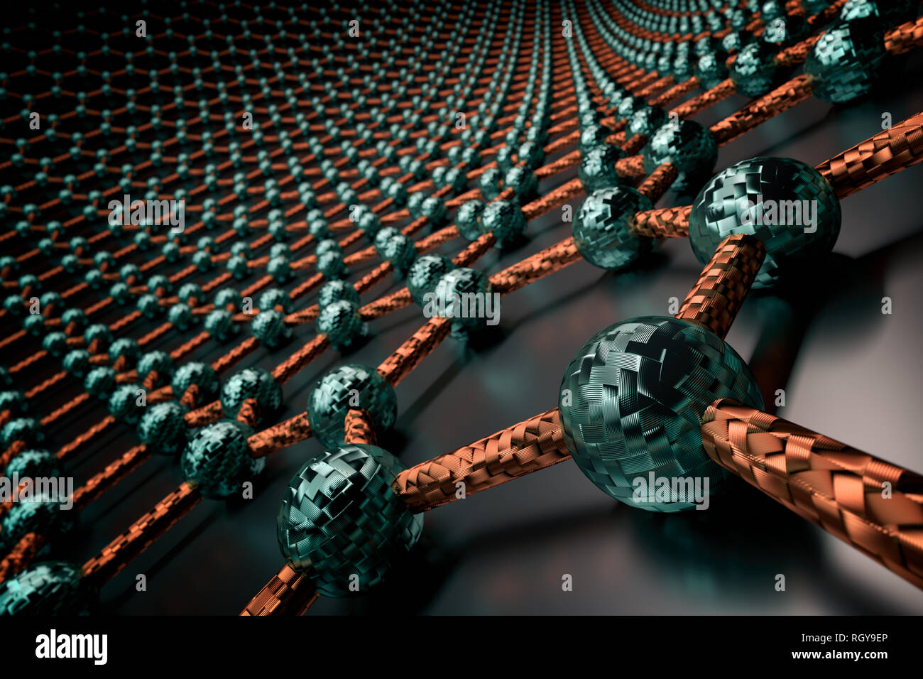 3D rendering of graphene surface, blue atoms and orange bonds Stock ...
