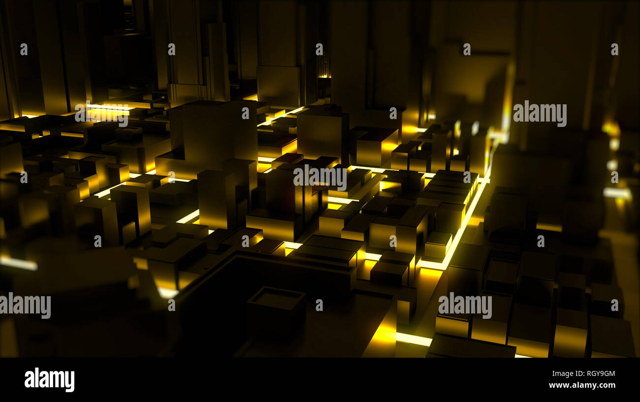 Neon glowing city rendering. 3D Rendering. Neon night city with bright ...