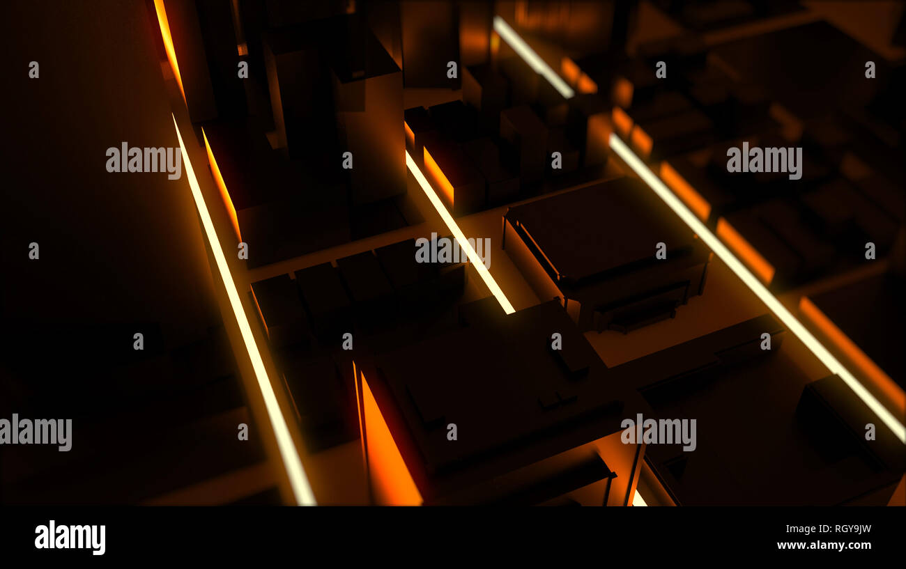 Neon glowing city rendering. 3D Rendering. Neon night city with bright ...
