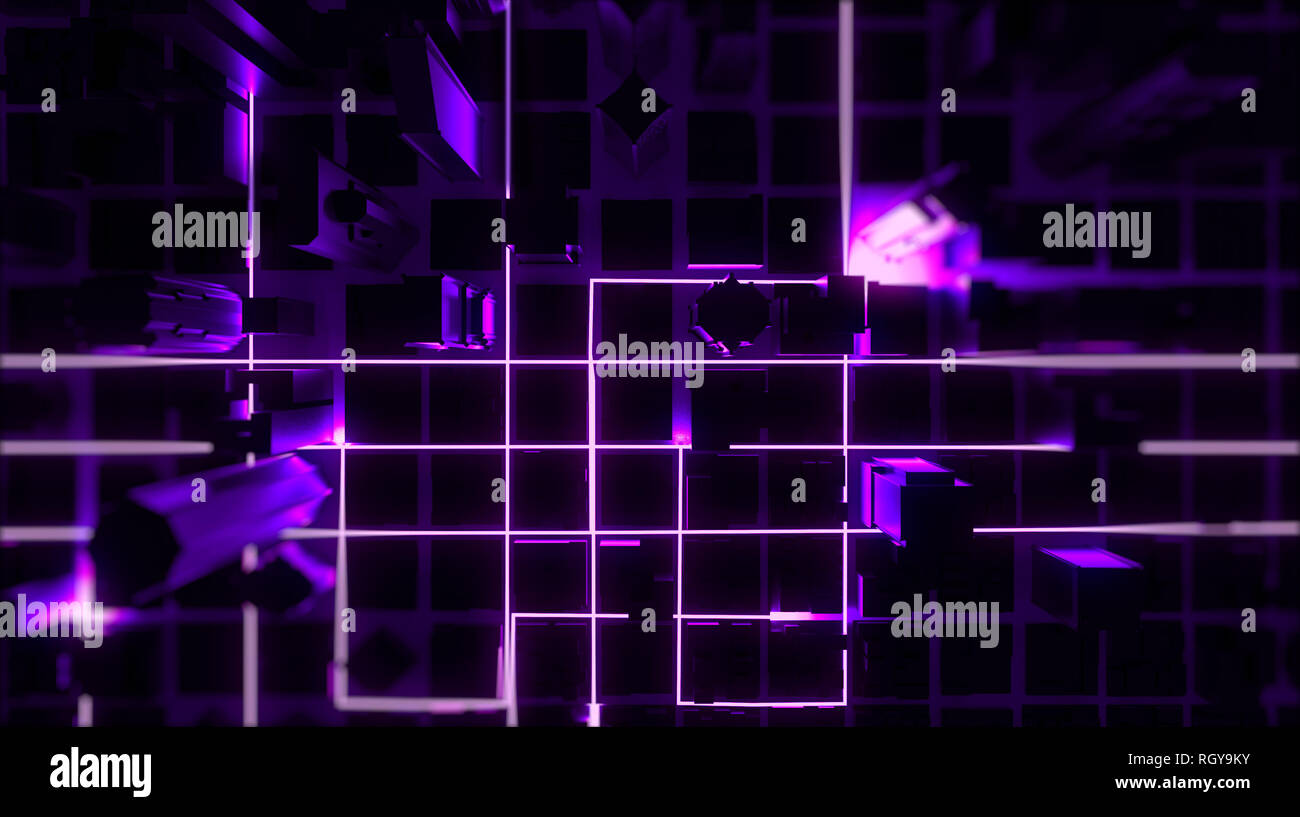 Neon glowing city rendering. 3D Rendering. Neon night city with bright ...