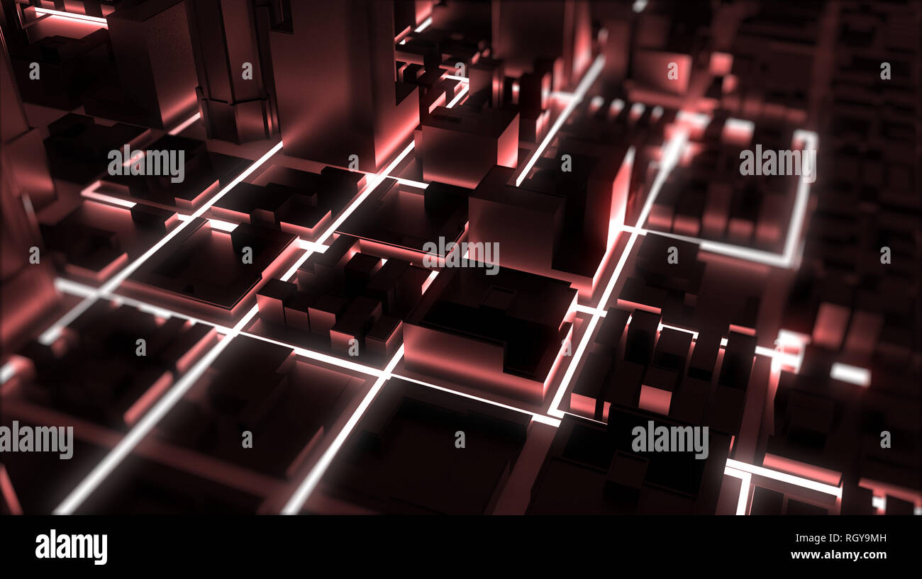 Neon glowing city rendering. 3D Rendering. Neon night city with bright ...