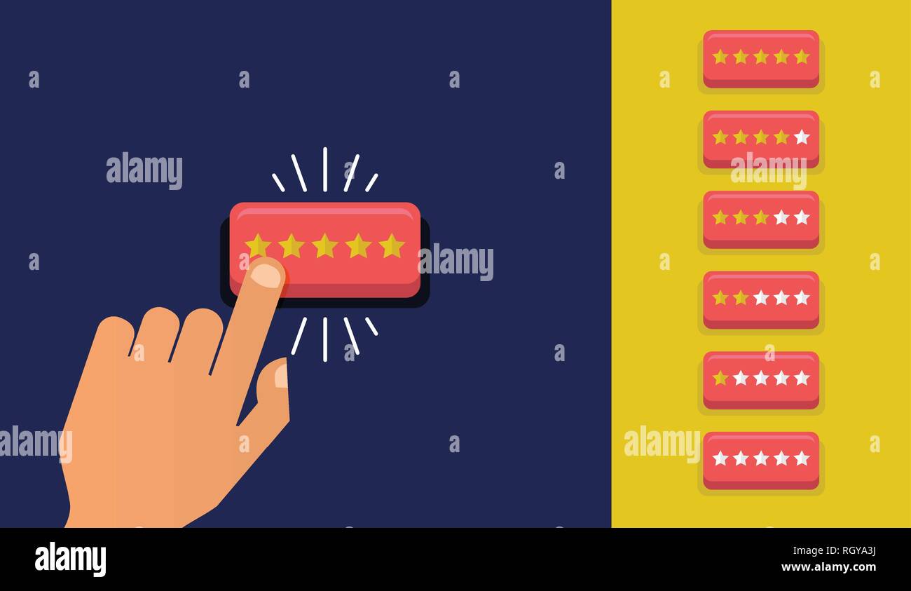 Hand press the star button. Customer review concept. Rating golden ...