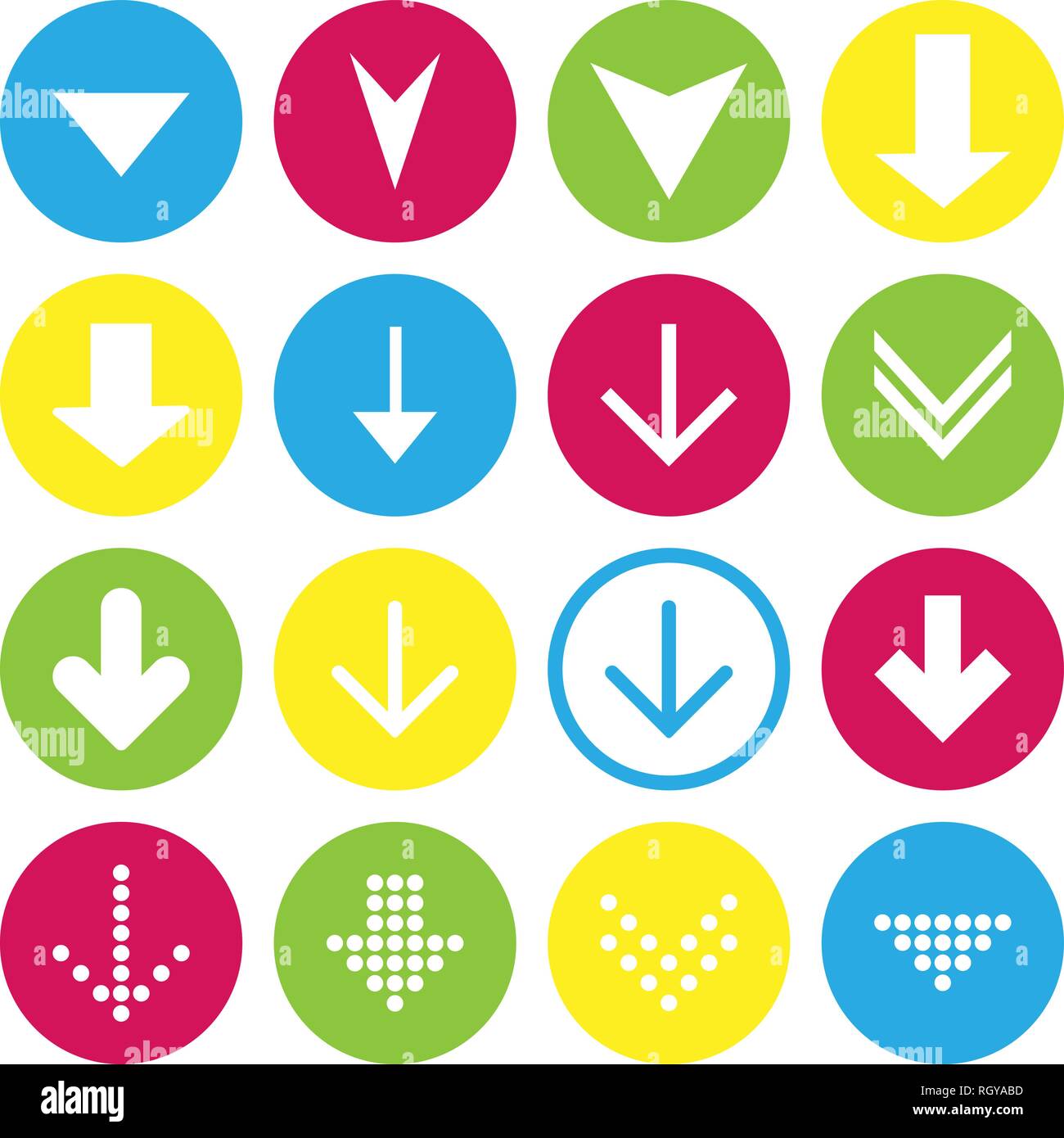 Set of 16 down arrow icons. Arrow buttons on white background in ...