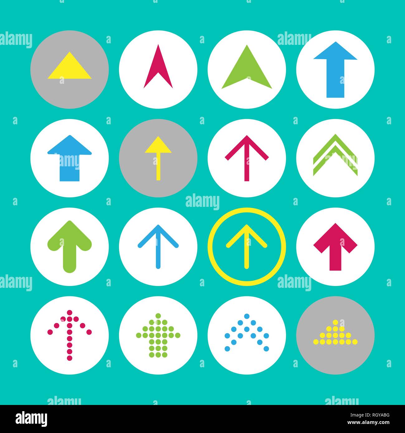Set of 16 up arrow icons. Arrow buttons on turquoise background in ...