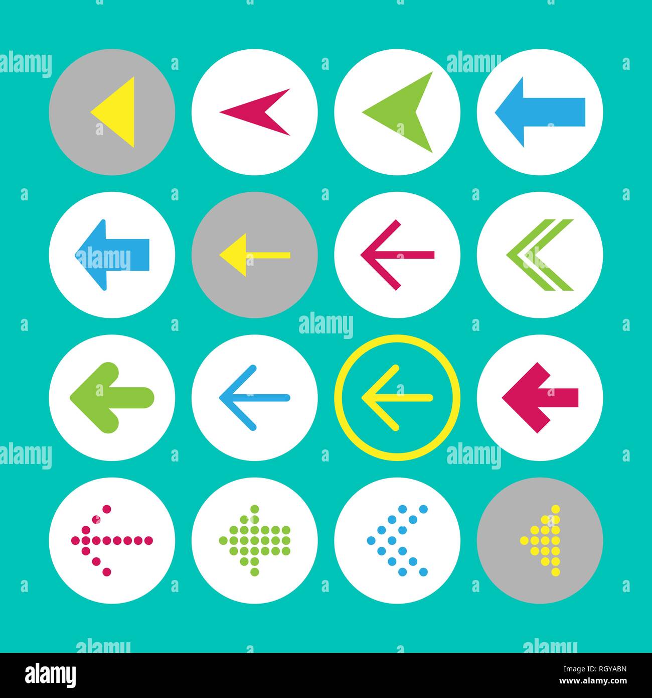 Set of 16 left arrow icons. Arrow buttons on turquoise background in ...