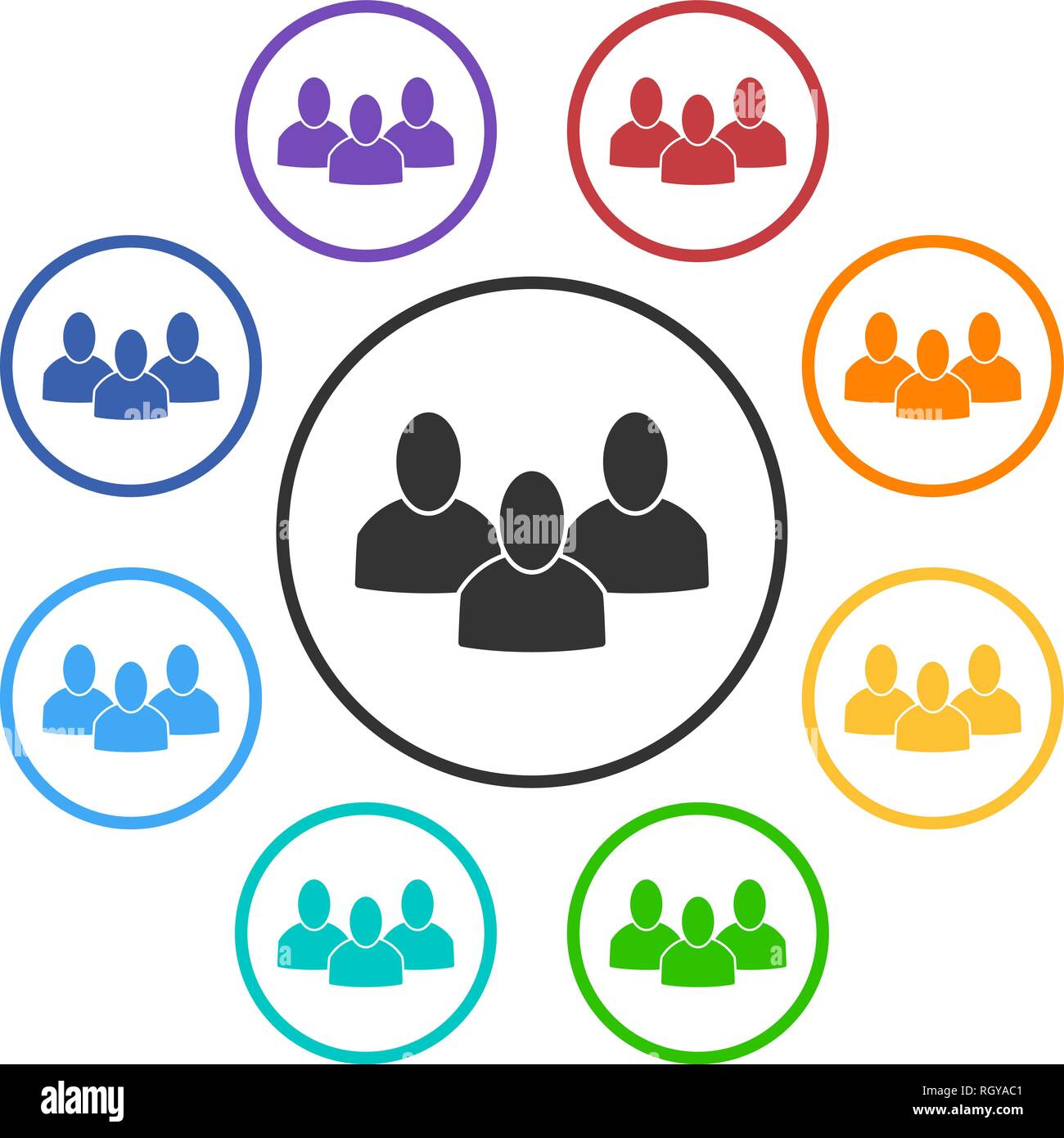 Set of group icons with 3 peoples. Rainbow colors: red, orange, yellow ...