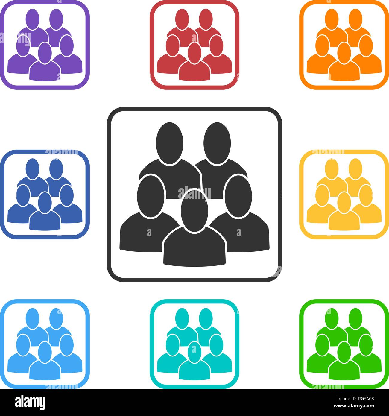 Set of square group icons with 5 peoples. Rainbow colors: red, orange ...