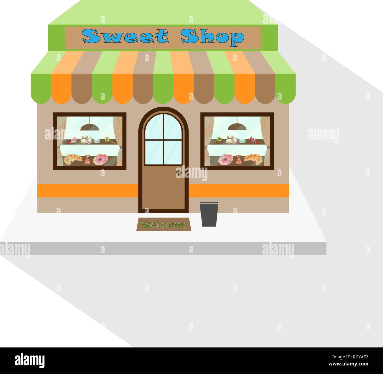 Sweets shop icon with long flat shadow on white background. Sweet shop ...