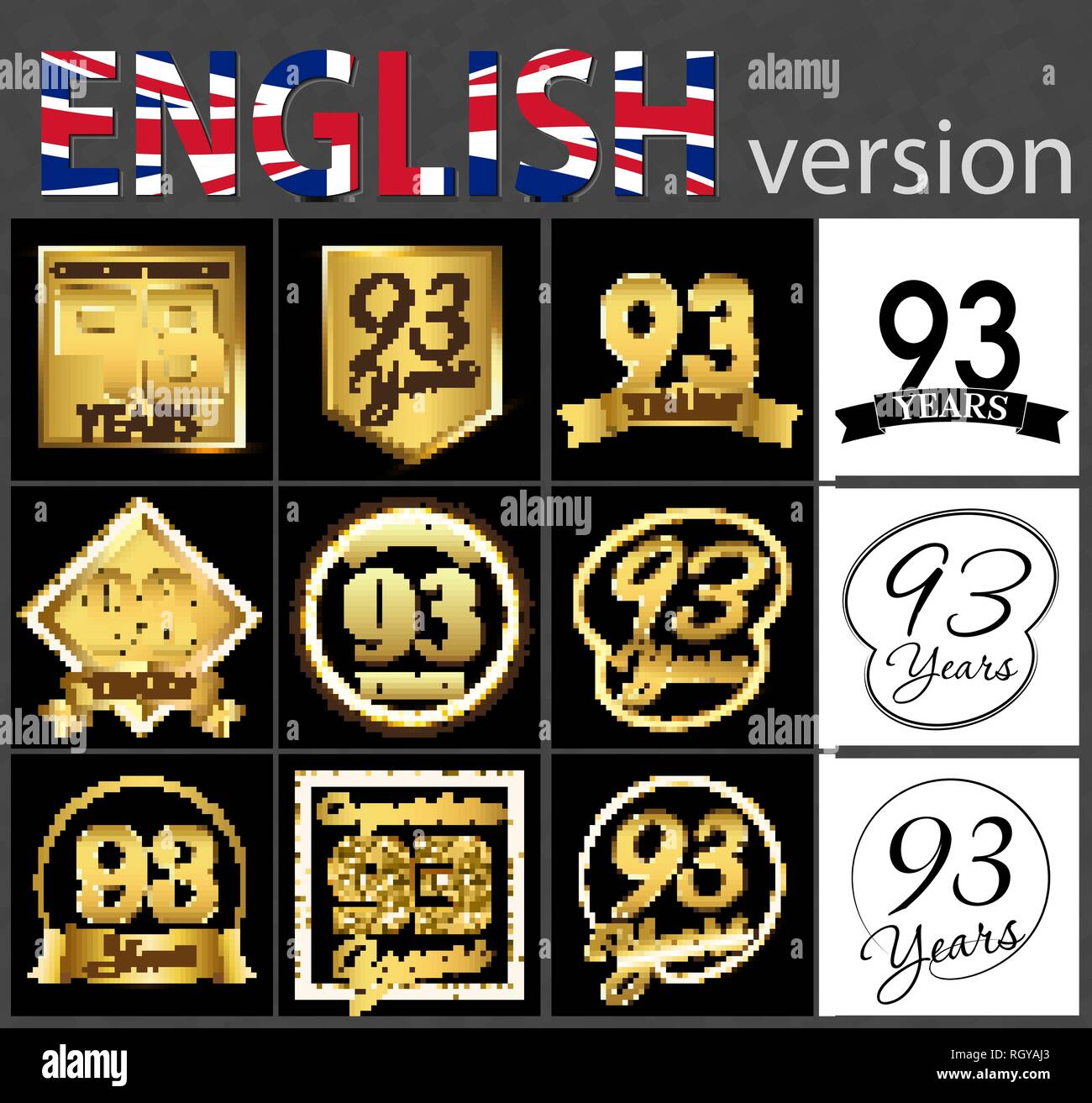 Set of number 93 years (ninety-three years) celebration. Anniversary ...