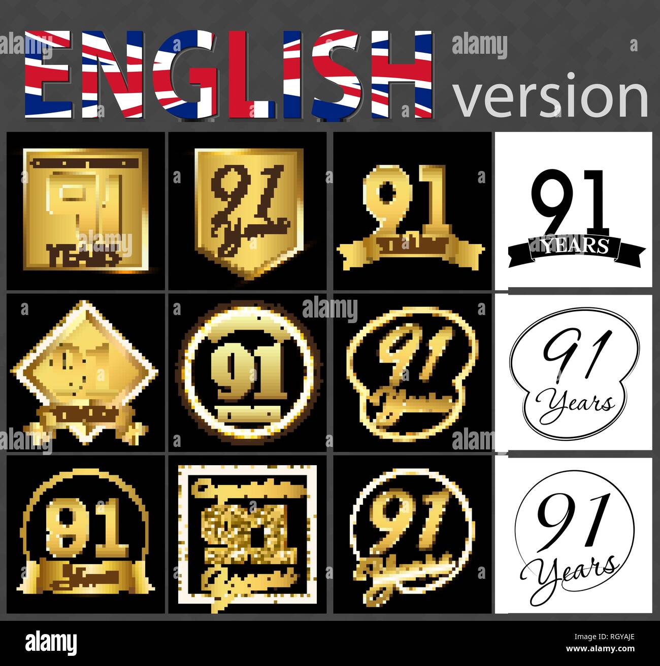 Set of number 91 years (ninety-one years) celebration. Anniversary golden number template ...