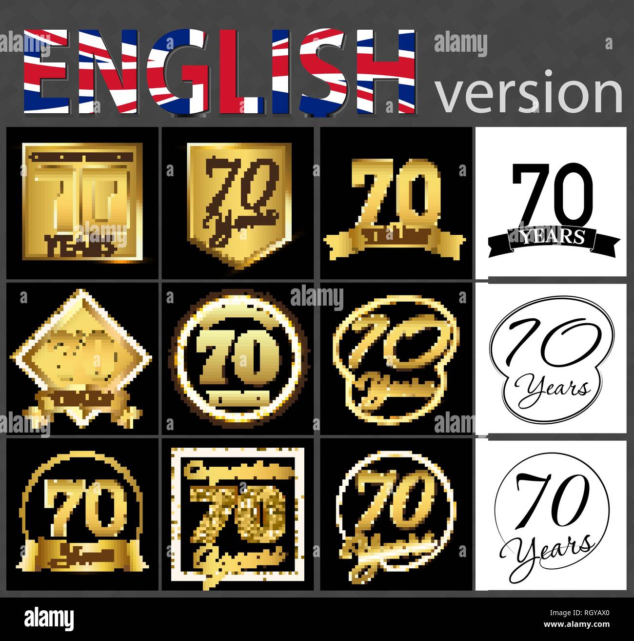 Set of number 70 years (seventy years) celebration. Anniversary golden ...