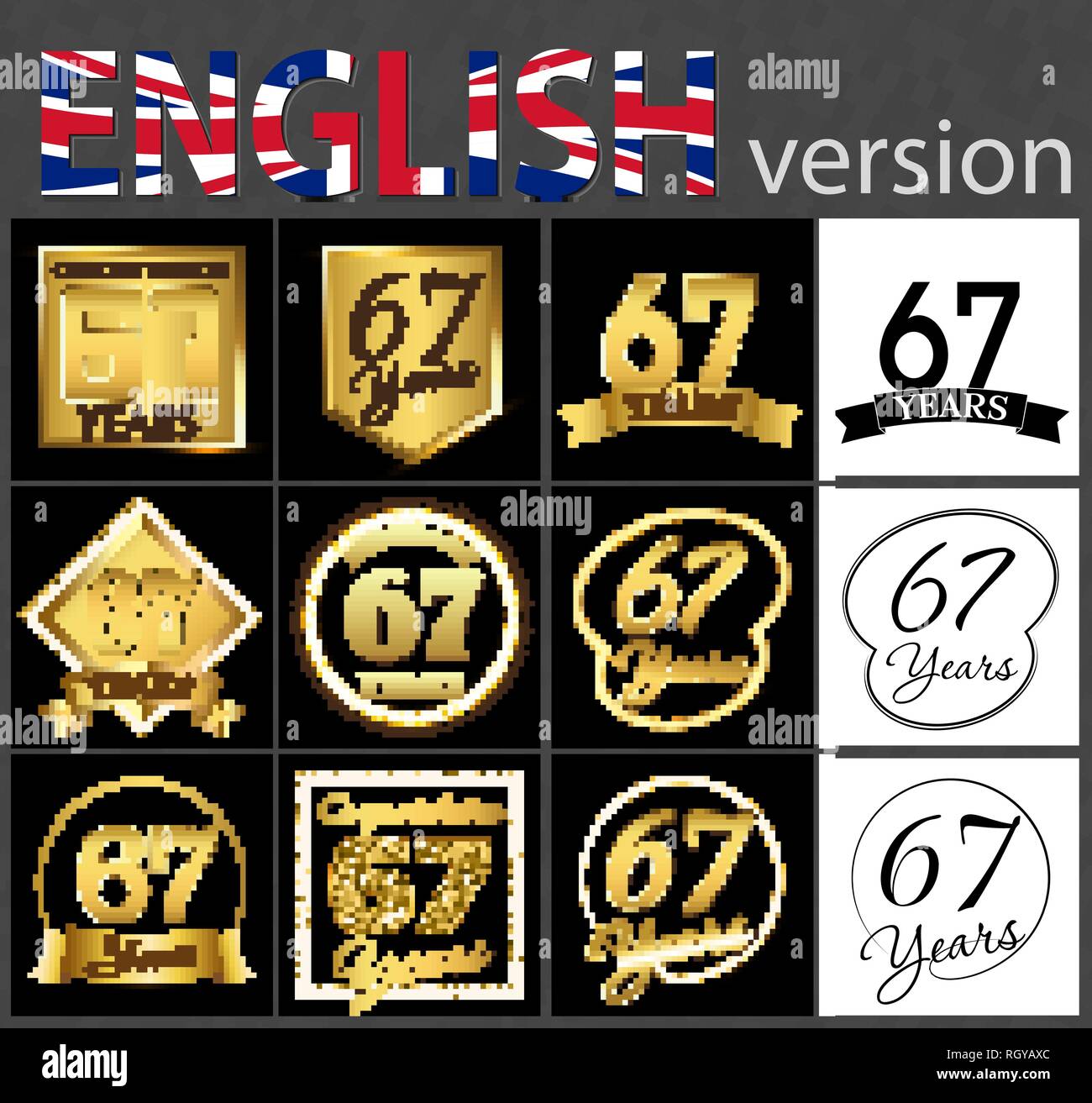 Set of number 67 years (sixty-seven years) celebration. Anniversary ...