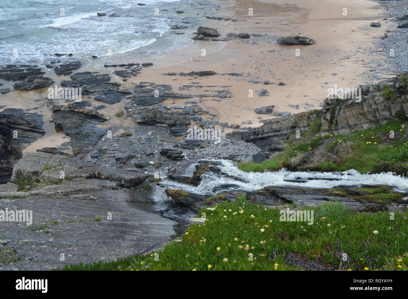 Sea cliffs, beaches and coves at the windy coast of the Costa Vicentina ...