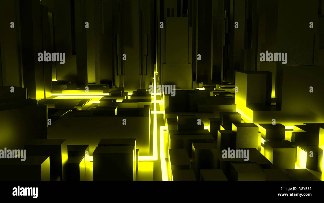 Neon glowing city rendering. 3D Rendering. Neon night city with bright ...