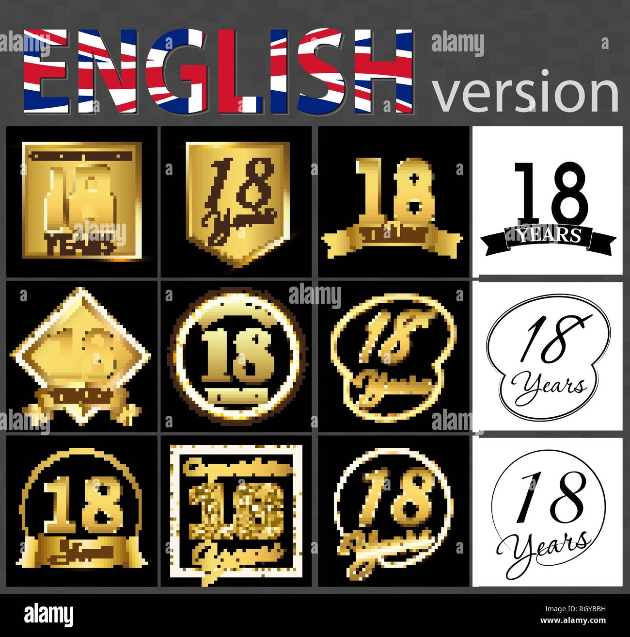 Set of number 18 years (eighteen years) celebration. Anniversary golden ...